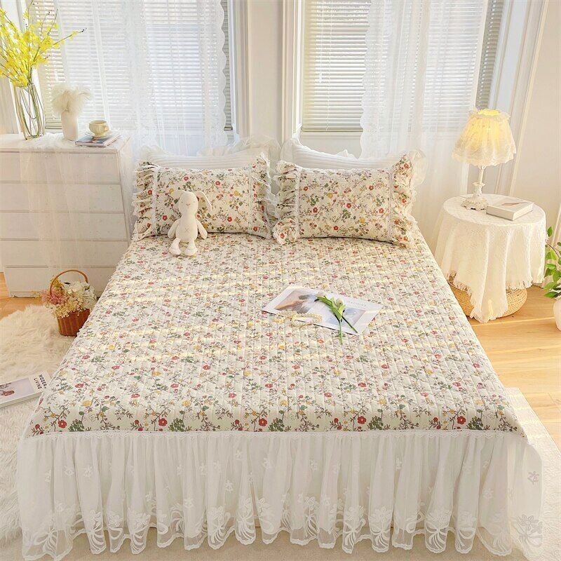 Lace Ruffle Quilted Floral Pattern Bed Skirt Mattress Cover Bedspread ...