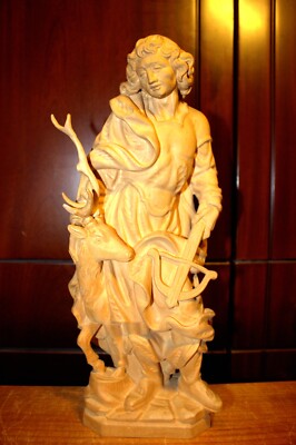 15" HAND CARVED WOOD CATHOLIC CHRISTIAN SAINT HUBERTUS STATUE FIGURE ...