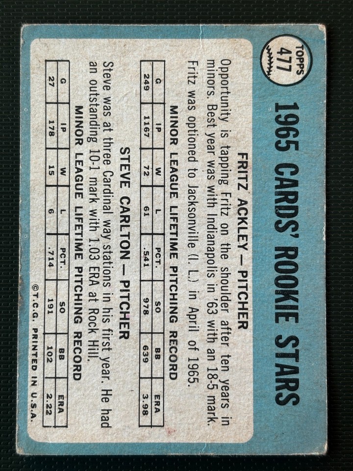 1965 Topps Steve Carlton St. Louis Cardinals Rookie Card HOF #477 | eBay