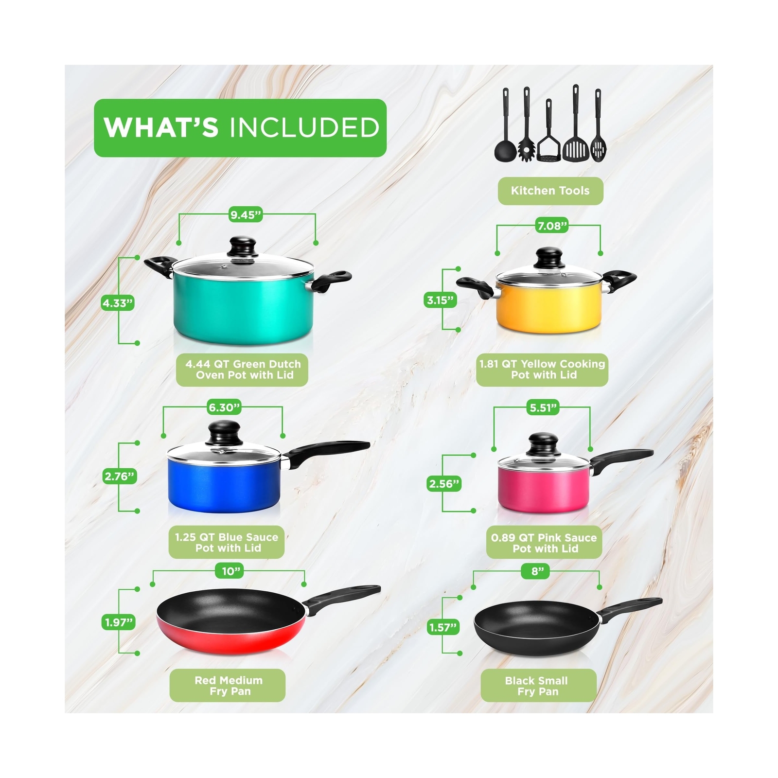 Vremi VR0041 Nonstick Cookware Set Colored Kitchen Pots and Pans, 15 ...
