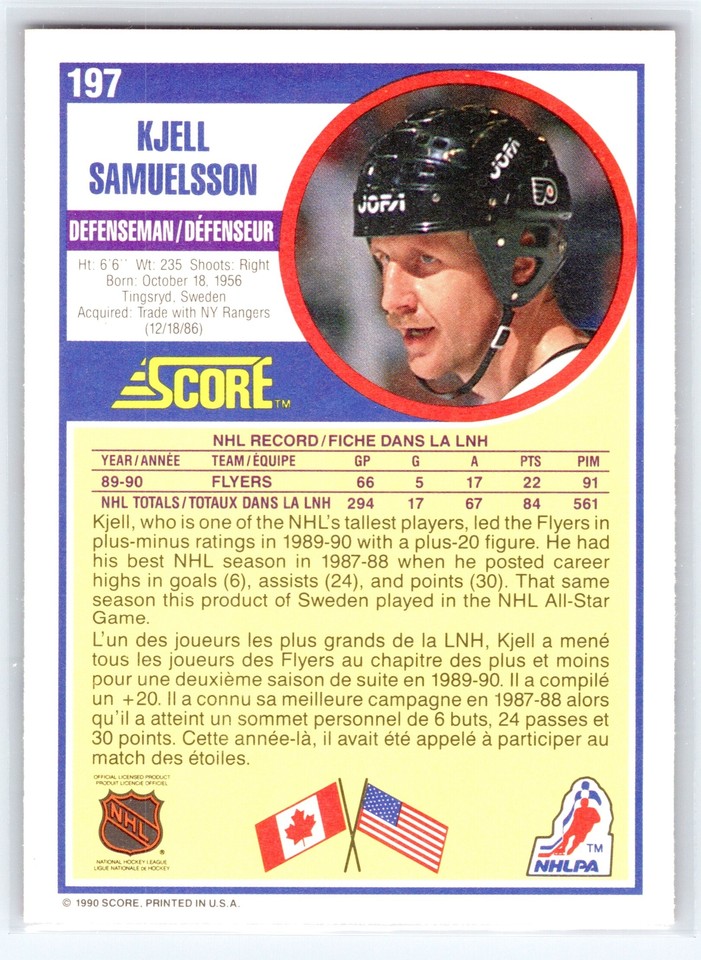1990 Score American #197 Kjell Samuelsson Hockey Philadelphia Flyers | eBay