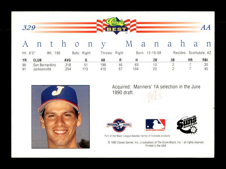 1992 Classic Best # 329 Anthony Manahan (ML) Jacksonville Suns Seattle ...