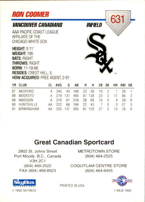 1992 Vancouver Canadians SkyBox 631 Ron Coomer Crest Hill Illinios ...