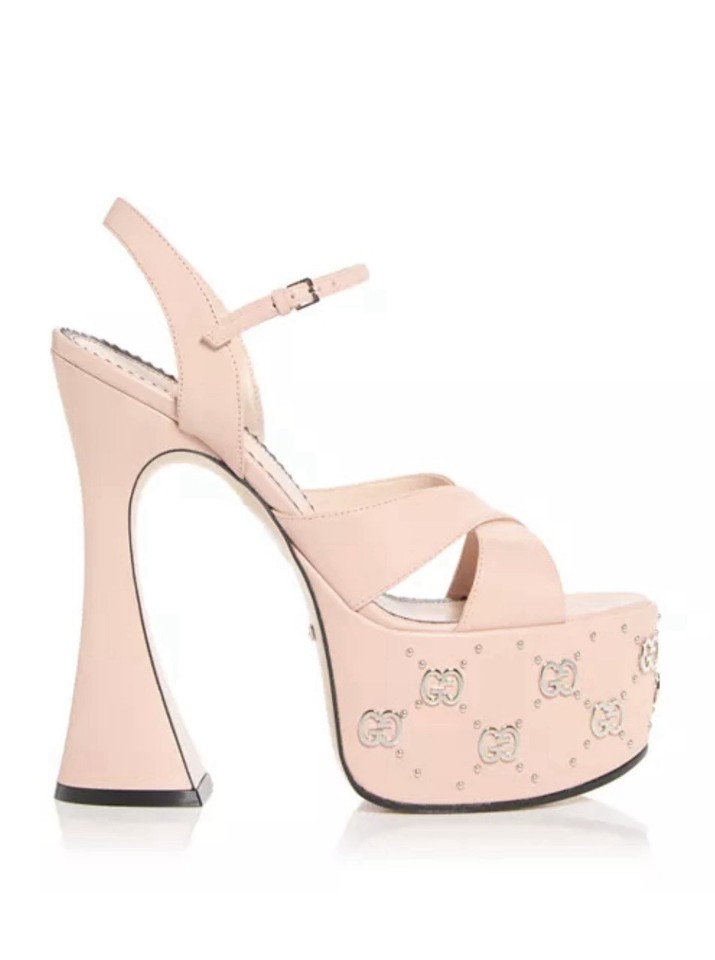 GUCCI GG STUD CRYSTAL MALAGA PLATFORM SANDALS HEELS PINK size European ...