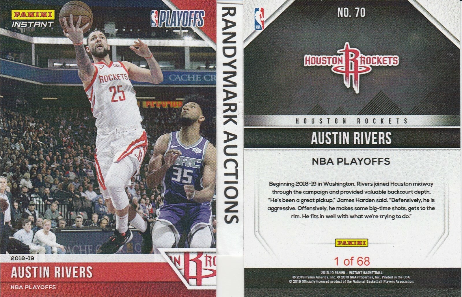 Austin Rivers HOUSTON ROCKETS PANINI INSTANT 2018-19 NBA PLAYOFFS #70 x ...