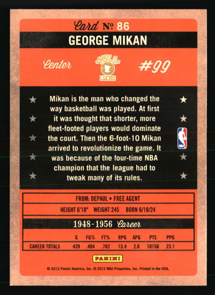 George Mikan 2011-12 Panini Past & Present #86 BASKETBALL Card | eBay