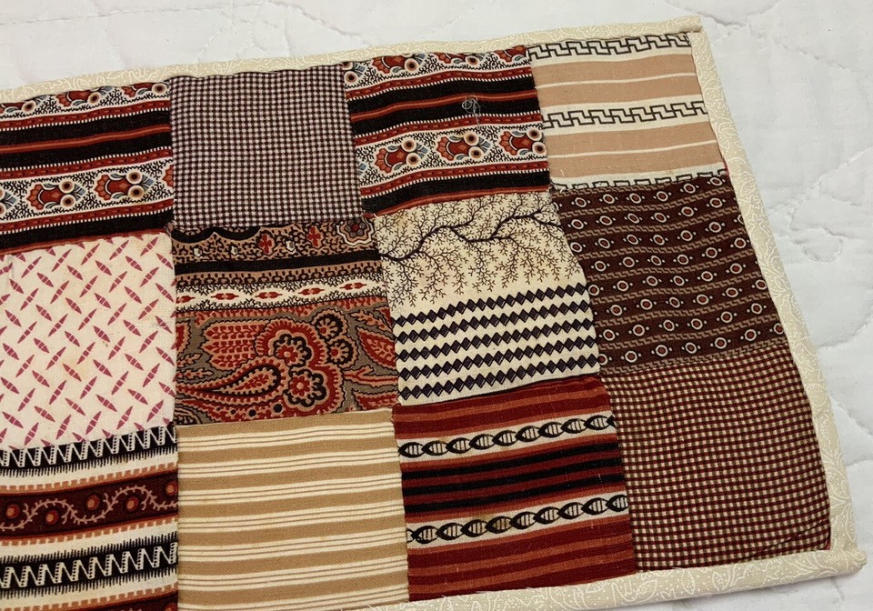 Antique Vintage Patchwork Quilt Table Topper, 9 Patch, Brown Early Calico Print | eBay