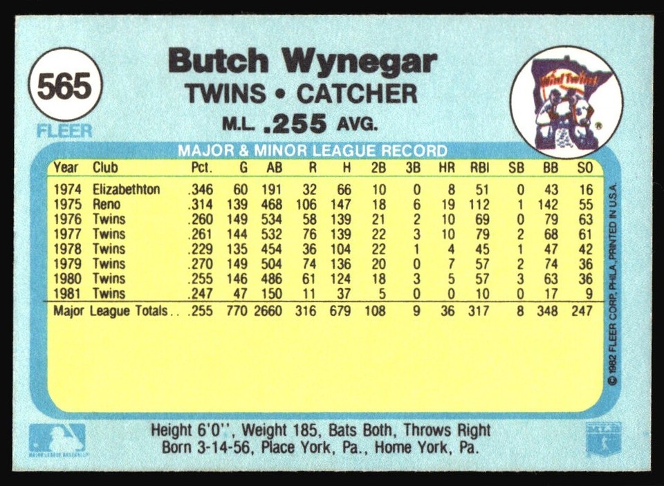 1982 Fleer Butch Wynegar #565 Minnesota Twins | eBay