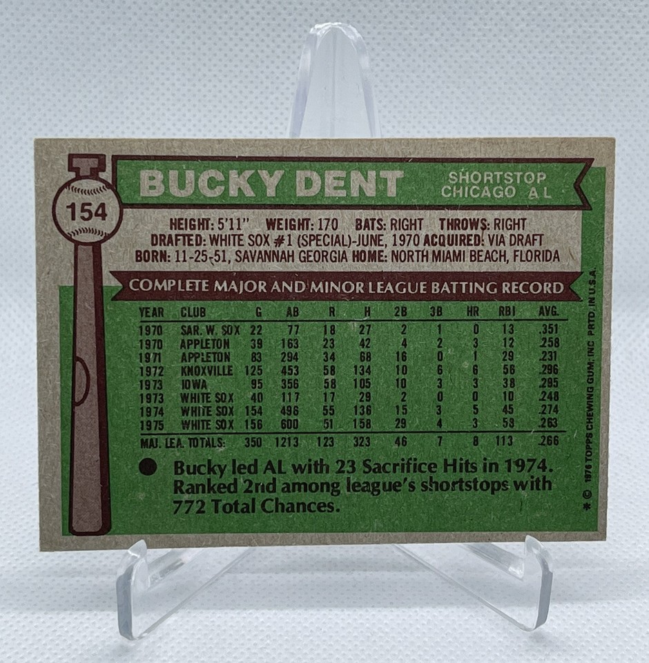 1976 Topps Bucky Dent #154 MLB Vintage Baseball Chicago White Sox | eBay
