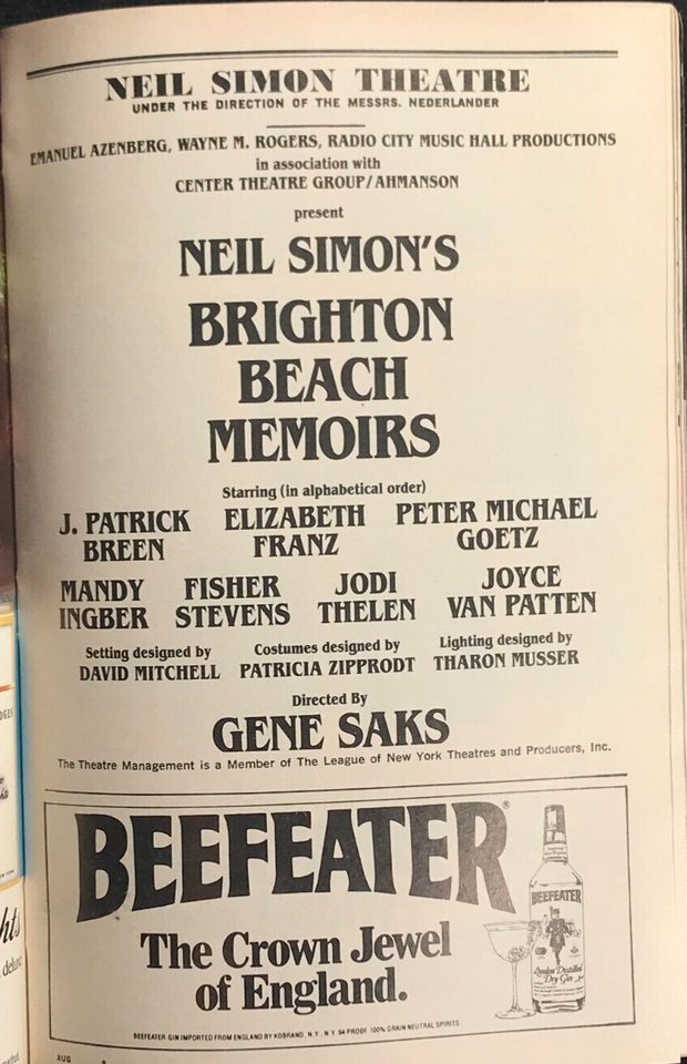 PLAYBILL - August 1983 - BRIGHTON BEACH MEMOIRS / J. Patrick Breen ...