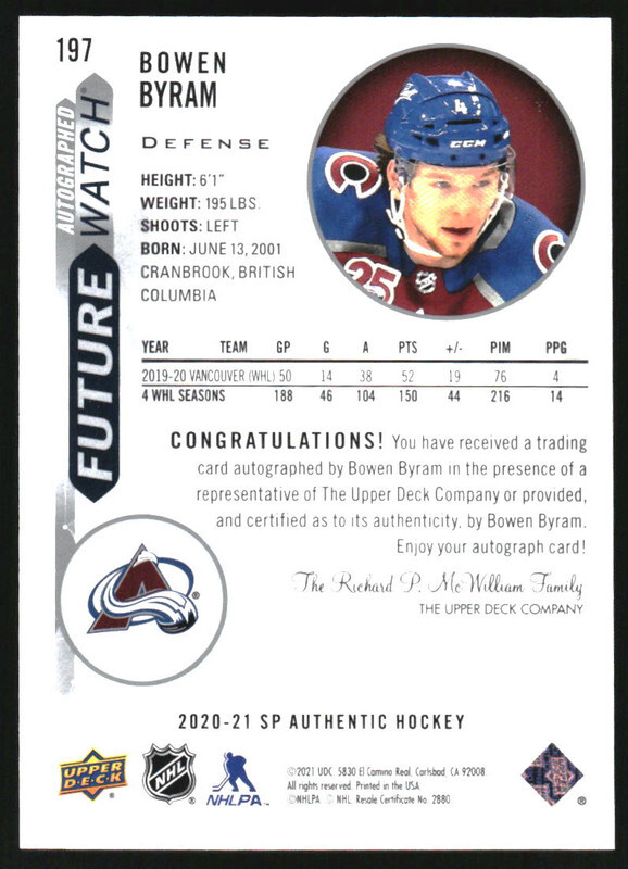 2020-21 SP Authentic #197 Bowen Byram Rookie Autograph RC Auto /999 | eBay
