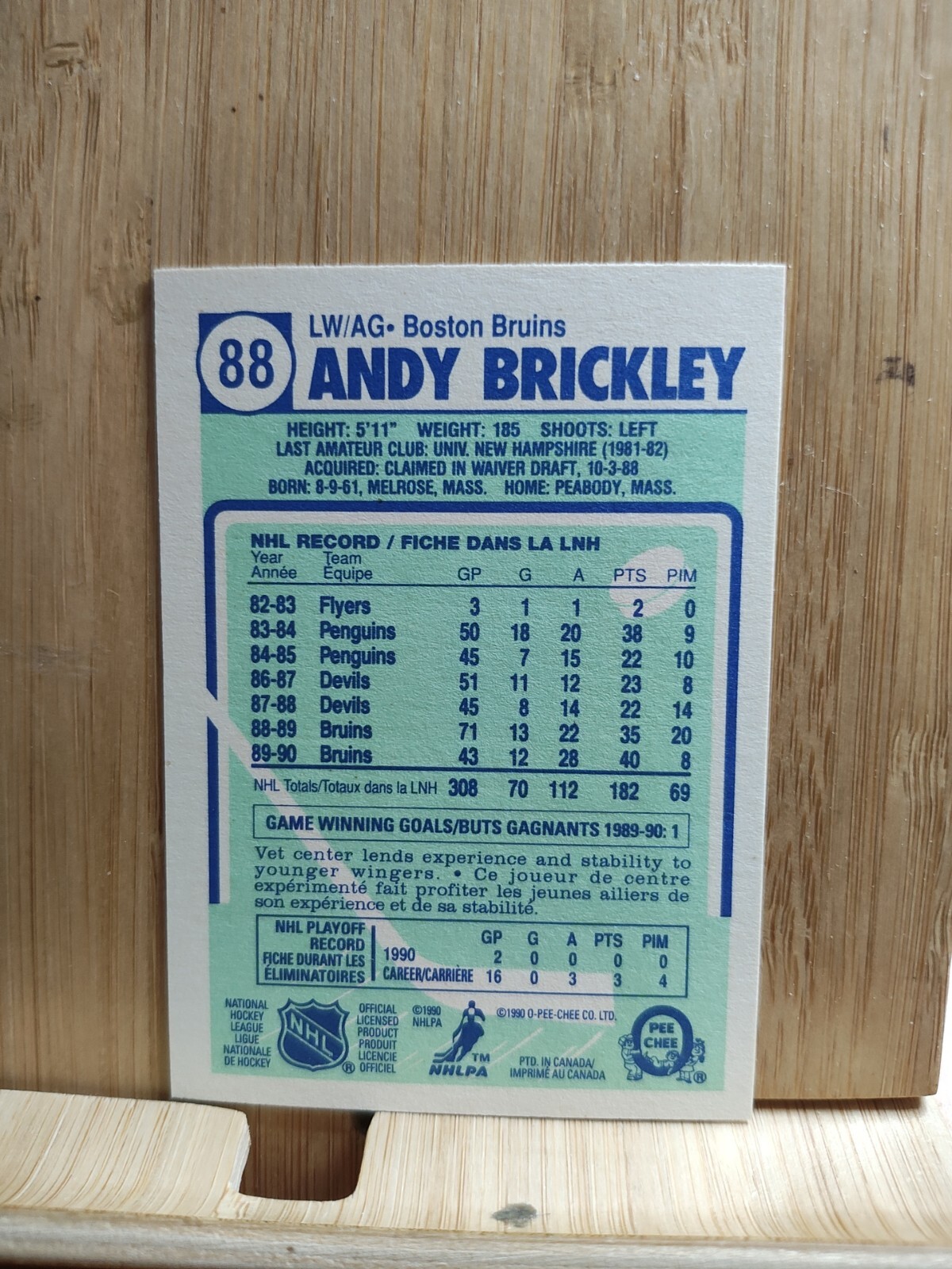 ANDY BRICKLEY 🏆1990 O-PEE-CHEE #88 Bruins NHLPA Hockey Card🏆 FREE POST ...