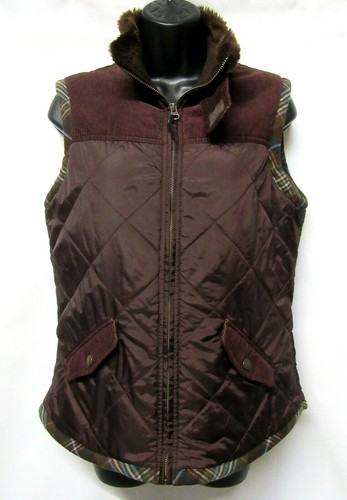 CAbi Style 694 Size M Brown Quilted Faux Fur Plaid Corduroy Trim Zip Up ...