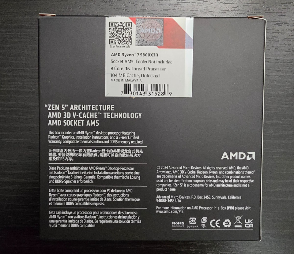 AMD Ryzen 7 9800X3D Granite Ridge AM5 4.70GHz 8-Core CPU - Heatsink Not ...