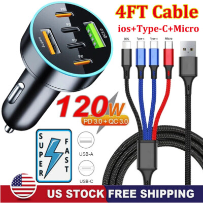 120W Fast Car Charger 6-Port Adapter & Cable For iPhone 17 16 Pro Max ...