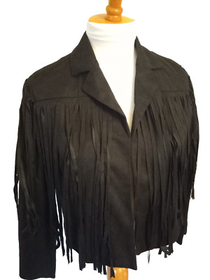 Haoduoyi Black Fringed Faux Suede Short Jacket Open Front Size Small ...