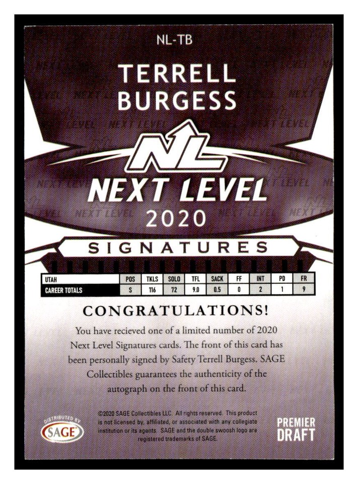 Terrell Burgess 2020 SAGE HIT NL-TB AU Next Level Signatures Red Auto ...