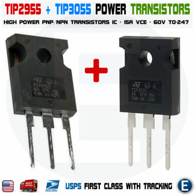 1 par TIP2955 + TIP3055 Power Transistors PNP NPN 60V 15A TO-247 ...