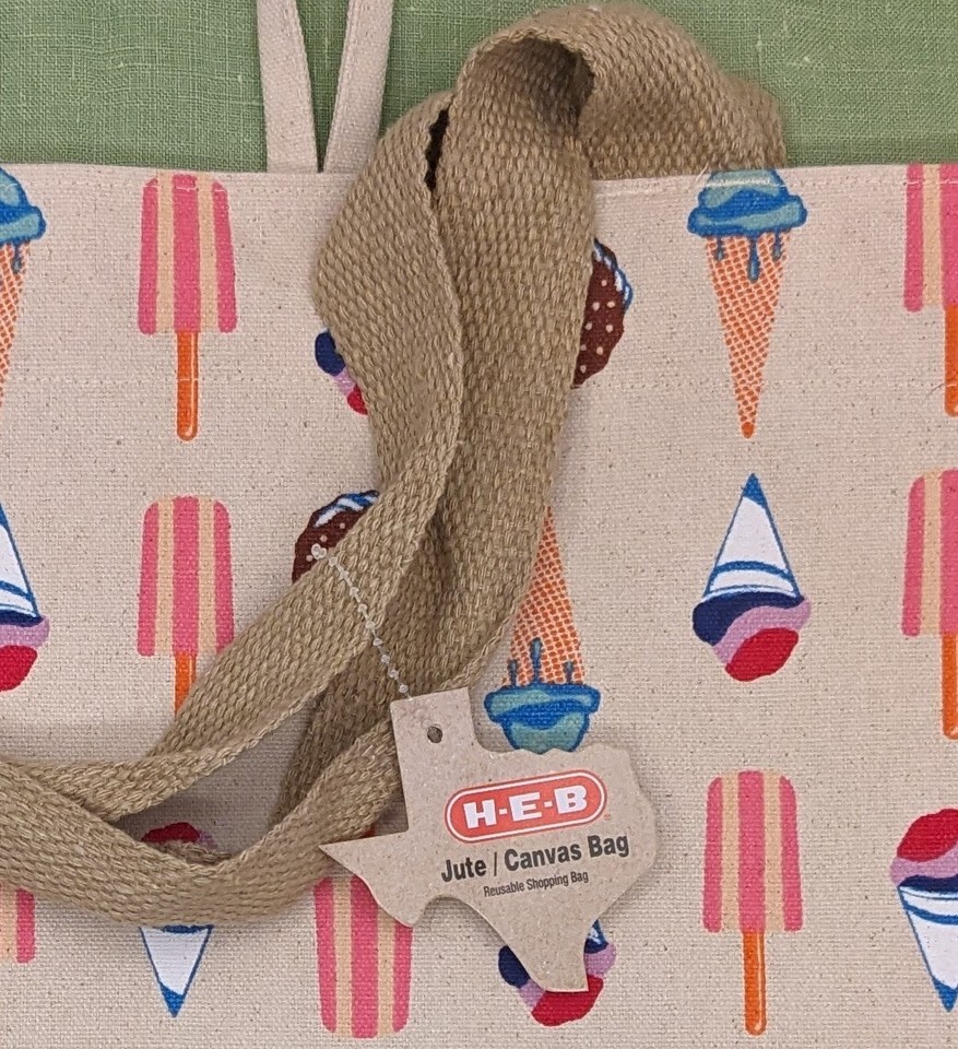 HEB Jute Canvas Burlap 20” X 16” Reusable Shopping Bag Tote IceCream ...