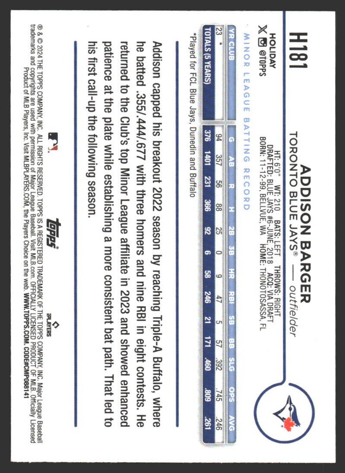 Addison Barger #H181 2024 Topps Holiday Toronto Blue JaysRC Rookie | eBay