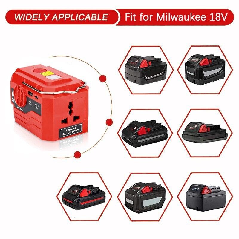 200W Portable Power Inverter Bank LED Light For Milwaukee 18V Battery ...