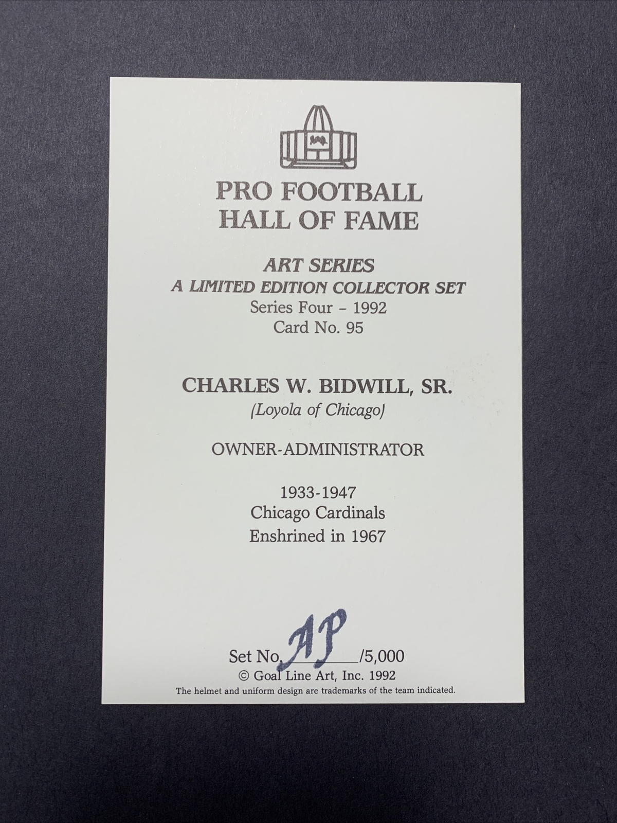 CHARLES W. BIDWELL SR. GOAL LINE ART ARTIST PROOF! ONLY 50 AP SETS MADE ...
