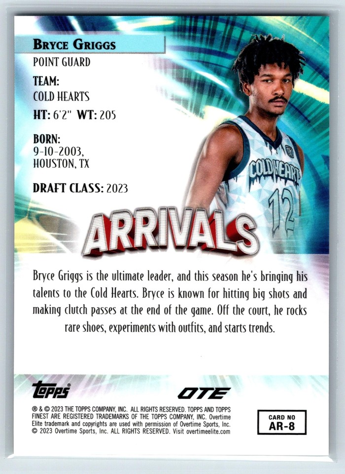 Bryce Griggs Topps Finest OTE Arrivals SN #/50 #AR-8 Gold Refractor | eBay
