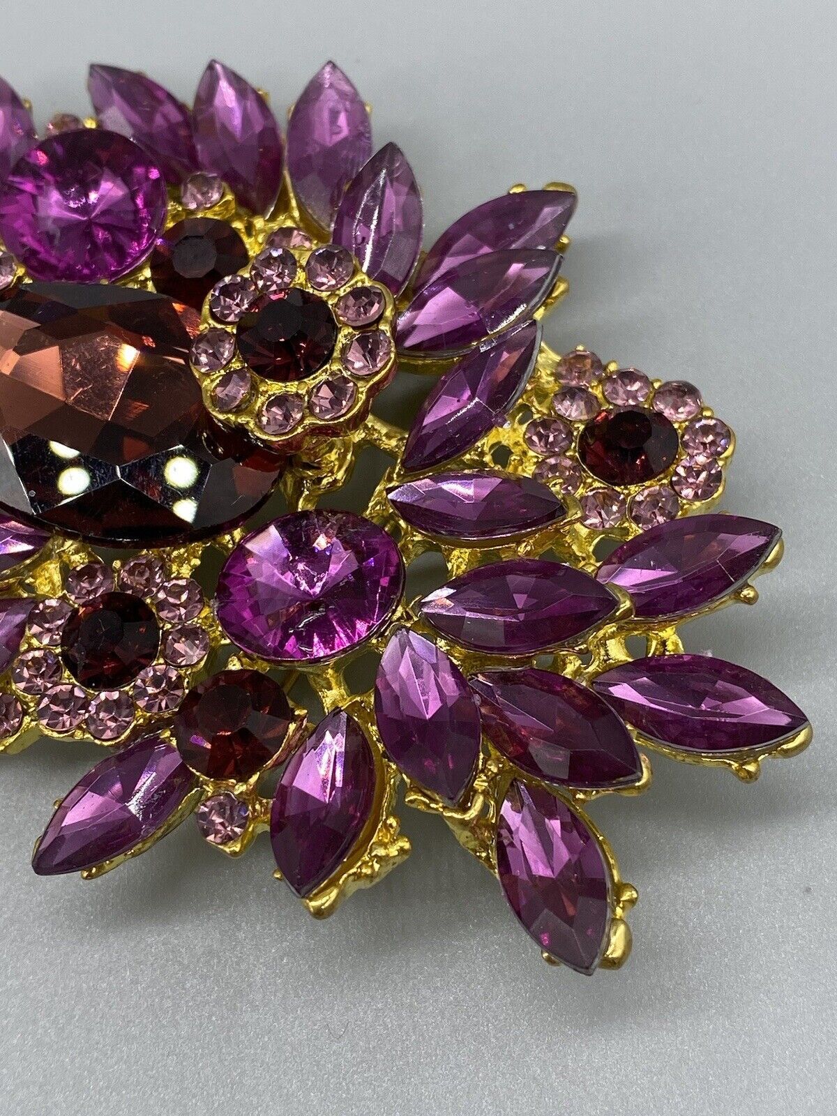 Gold Tone Purple Pink Fuchsia Red Big Rhinestone Larg… - Gem