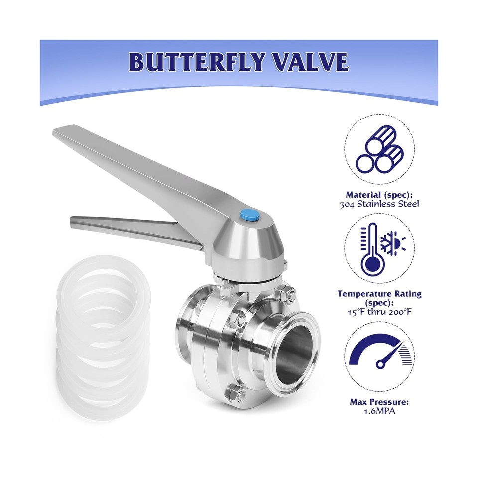 1.5 Inch Butterfly Valve 2 Pcs Tri Clamp Sanitary Stainless Steel 304 ...