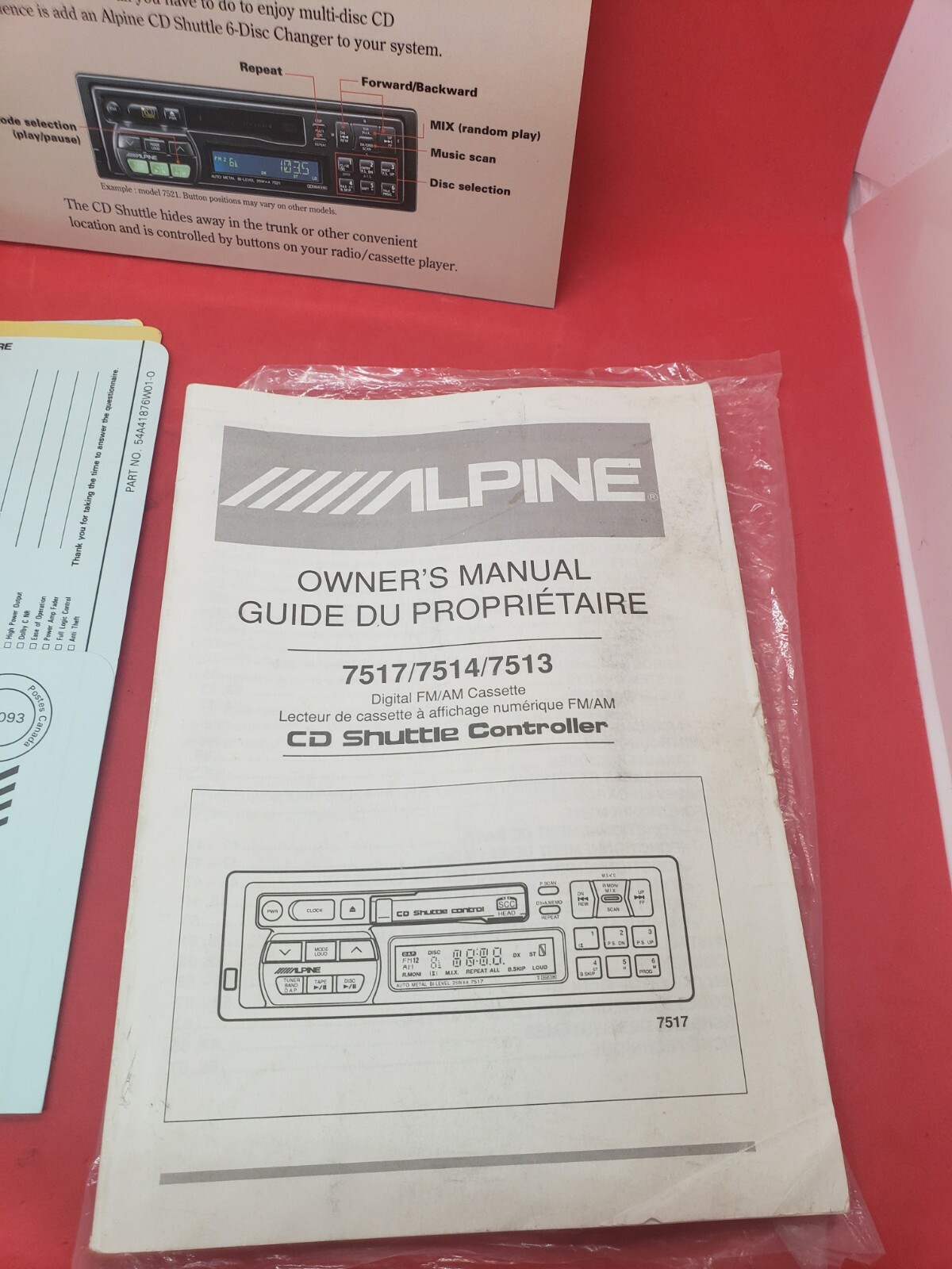 Alpine 7517 / 7514 / 7513 Car Stereo Owners Manual CD Shuttle ...
