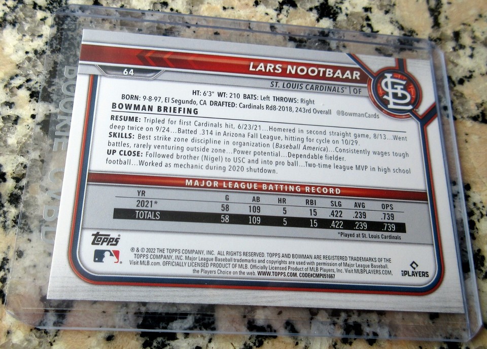榎田 達治 LARS NOOTBAAR 2022 Bowman Batting Rookie Card RC Logo Cardinals ...