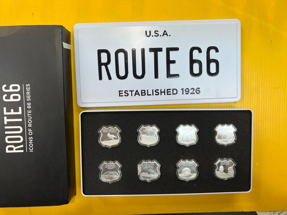 Set of 8 Icons of Route 66 Fine Silver 1 oz Shields in Collectible Tin ...