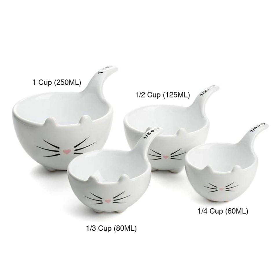 White Ceramic Cat Measuring Cups: Set of Cat Shaped Bowls - 1 Cup, 1/2 ...