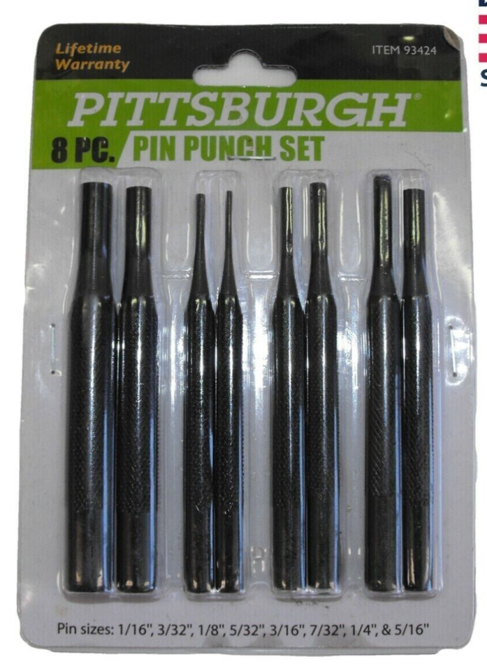 Pittsburgh 8 Piece Pin Punch Set New, 4" Long, Carbon Steel 5/16 1/4 7/ ...