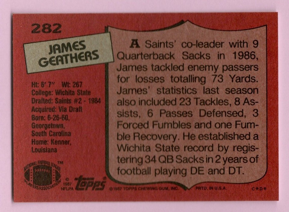 1987 Topps Football #282 James Geathers New Orleans Saints Defensive ...