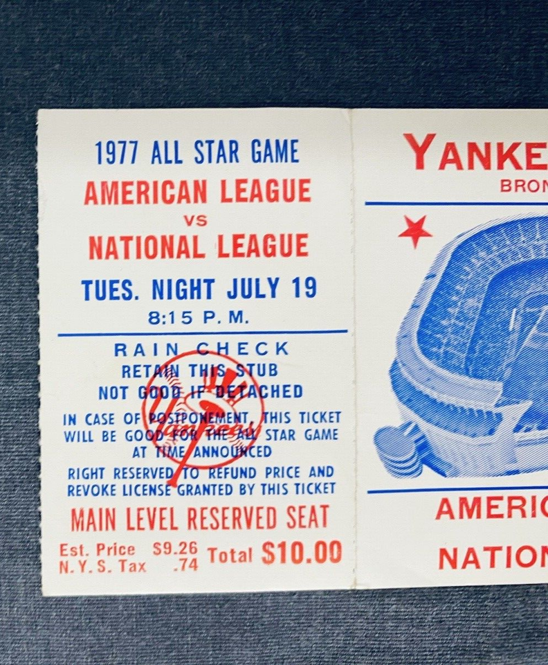 1977 Baseball All Star Game Yankee Stadium Ticket Stub with Rain Check ...