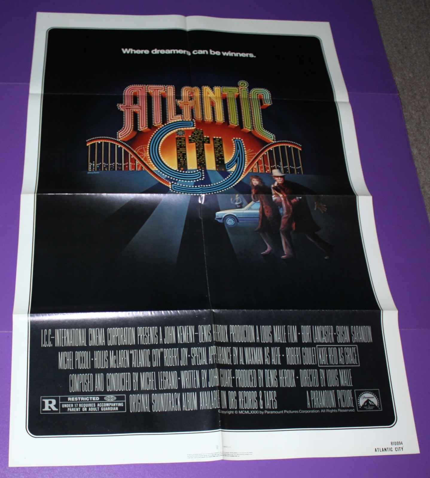 ATLANTIC CITY MOVIE POSTER ORIGINAL SHEET BURT LANCASTER SUSAN SARANDON ...