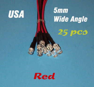 25 pcs LED - 5mm PRE WIRED LEDS 12 VOLT ~ WIDE RED ~ 12V PREWIRED FLAT ...