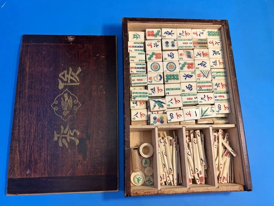 Antique Majong Mah Jong Set In Wooden Box 148 Tiles 118 Sticks Bamboo ...