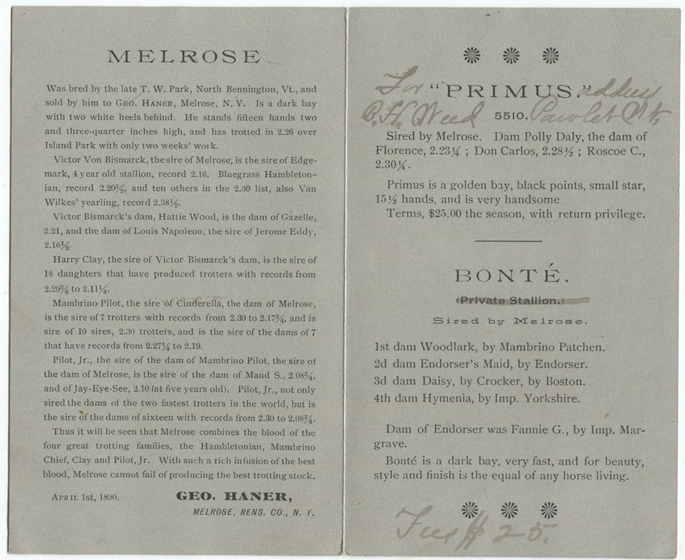1890 Trotting Horse Promotion – George Haner, Melrose, NY | eBay