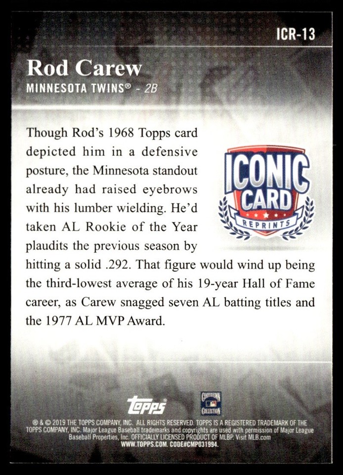 2019 Topps Iconic Card Reprints Rod Carew Minnesota Twins #ICR-13 | eBay