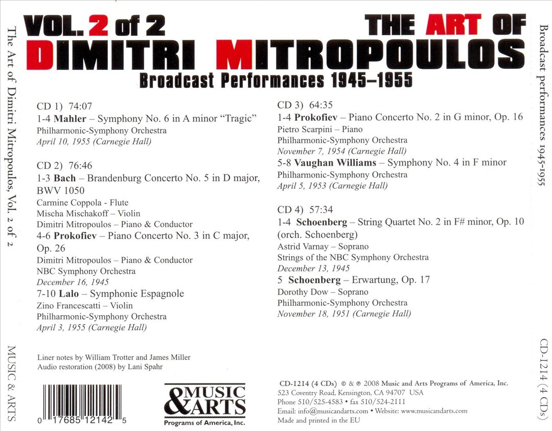 DIMITRI MITROPOULOS ART OF DIMTRI MITROPOULOS, VOL. 2 NEW CD ...