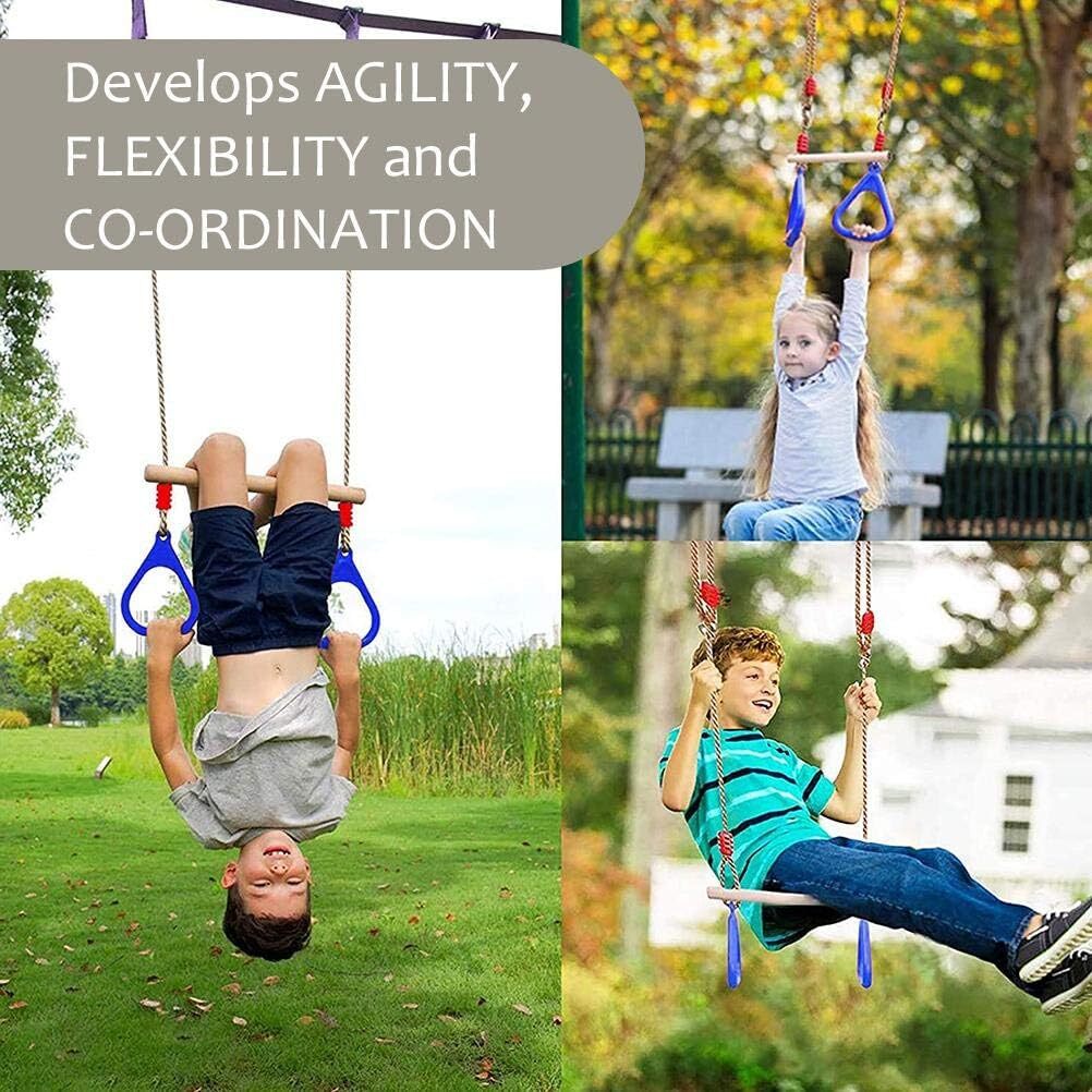 Playground Children's Wooden Trapeze Swing Bar with Plastic Gym Rings ...