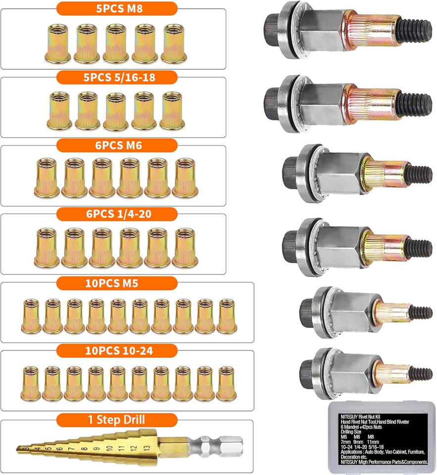 Hand Rivet Nut Tool M6 Nutsert 6Pcs Mandrels & 42Pcs Nuts M8 Riveter ...