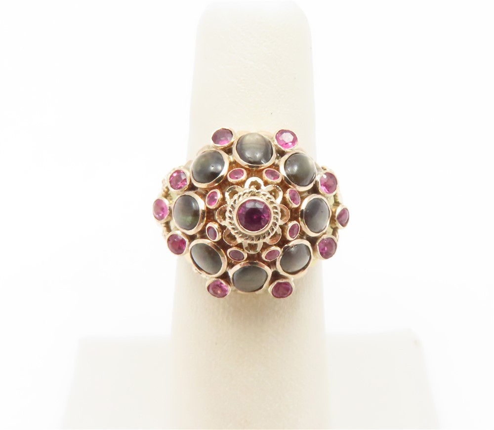 14K Yellow Gold Star Star Black Sapphire & Ruby Harem Cluster Ring Size ...