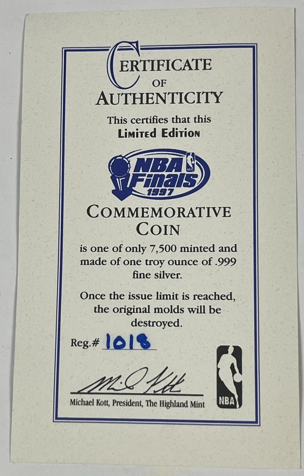 1997 NBA Finals Commemorative Coin Bulls vs Jazz .999 Silver One Troy ...