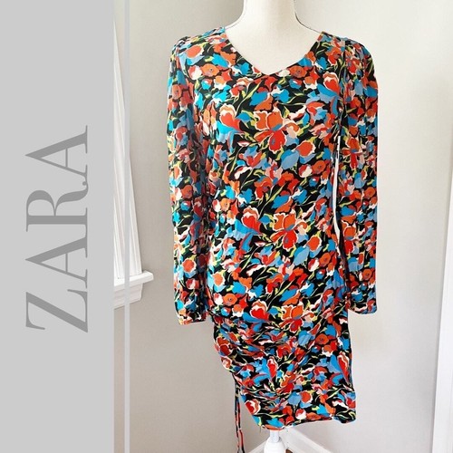 Zara Red & Blue Floral Ruched Dress NEW | eBay