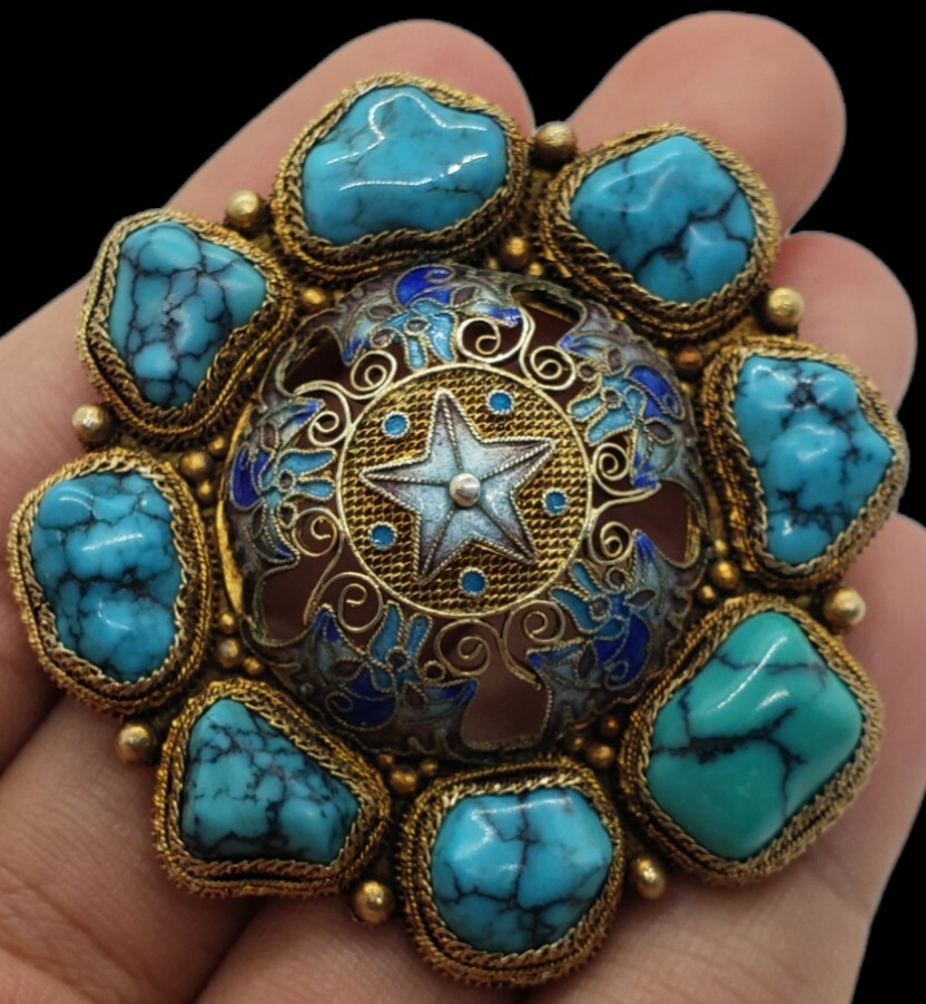 Gorgeous Vtg Chinese Export 925 Sterling Turquoise Enamel Gold Gilt Pin ...