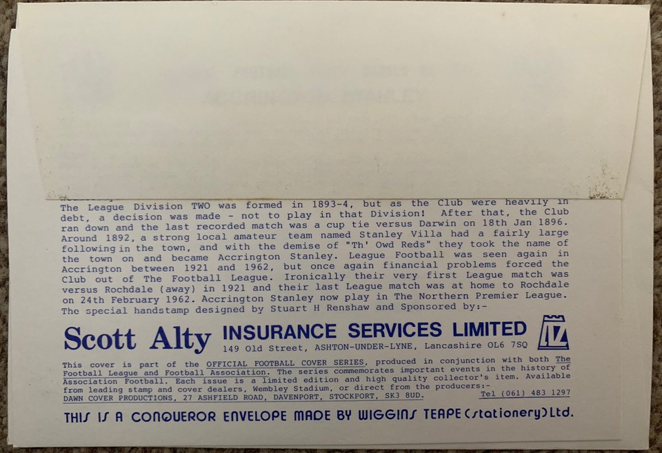 ACCRINGTON STANLEY 1988 DAWN FIRST DAY COVER SIGNED KEN HARGREAVES ...