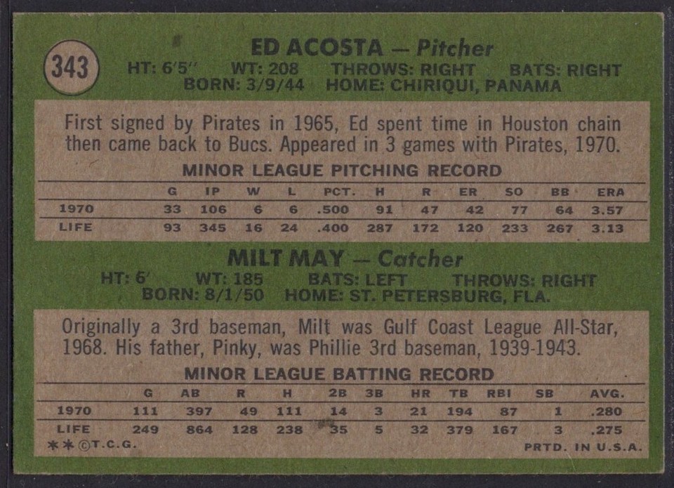 1971 Topps Baseball Card #343 Pirates Rookie Stars Ed Acosta / Milt May ...